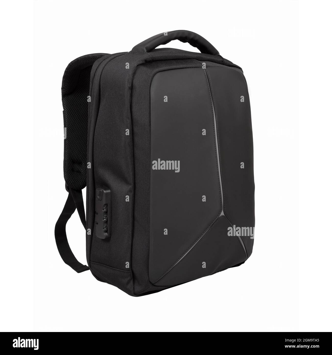 Modern black laptop backpack with combination lock isolated on white ...