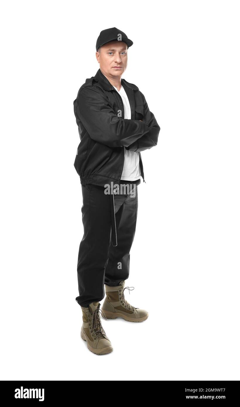 Male security guard on white background Stock Photo - Alamy