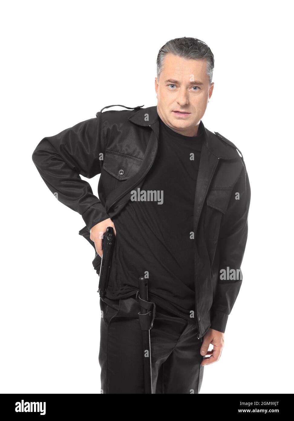 Male security guard with handgun on white background Stock Photo - Alamy