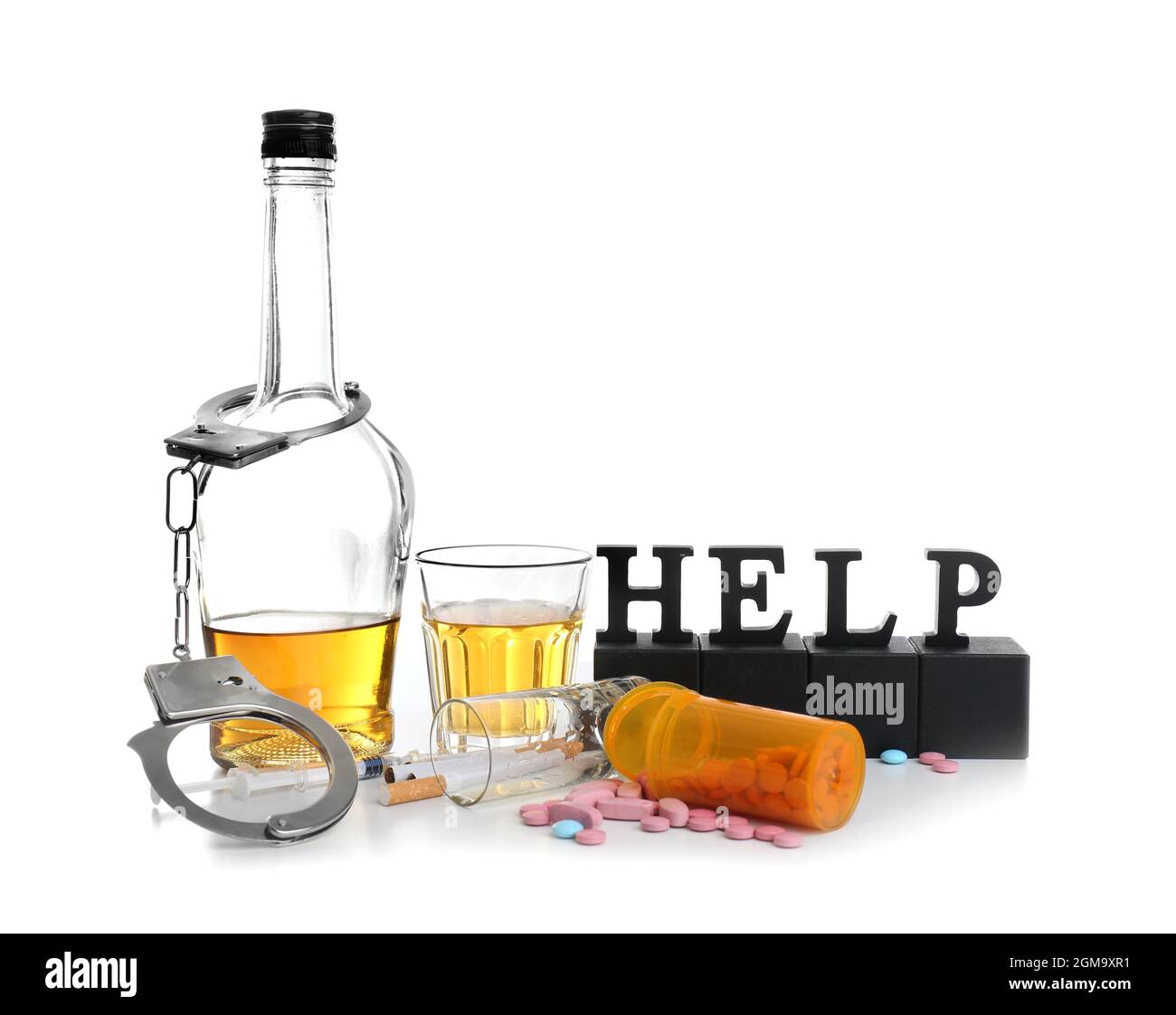 Composition with word "Help", alcohol, cigarettes, drugs and handcuffs ...