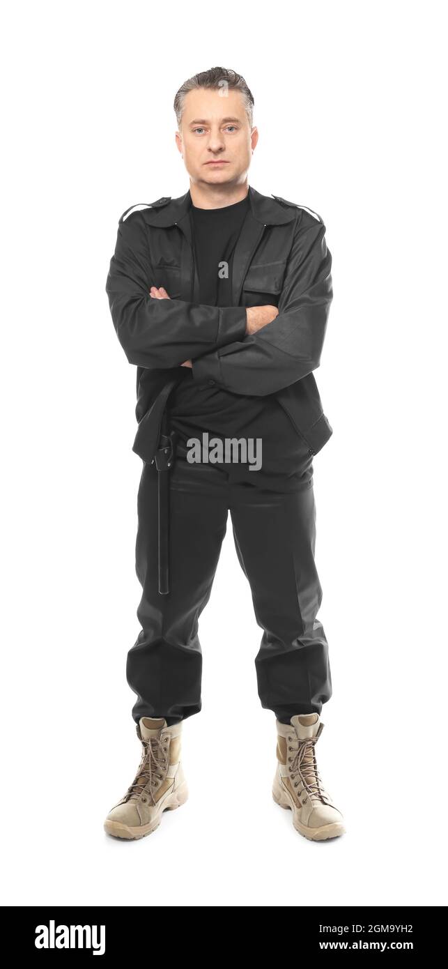 Male security guard on white background Stock Photo - Alamy