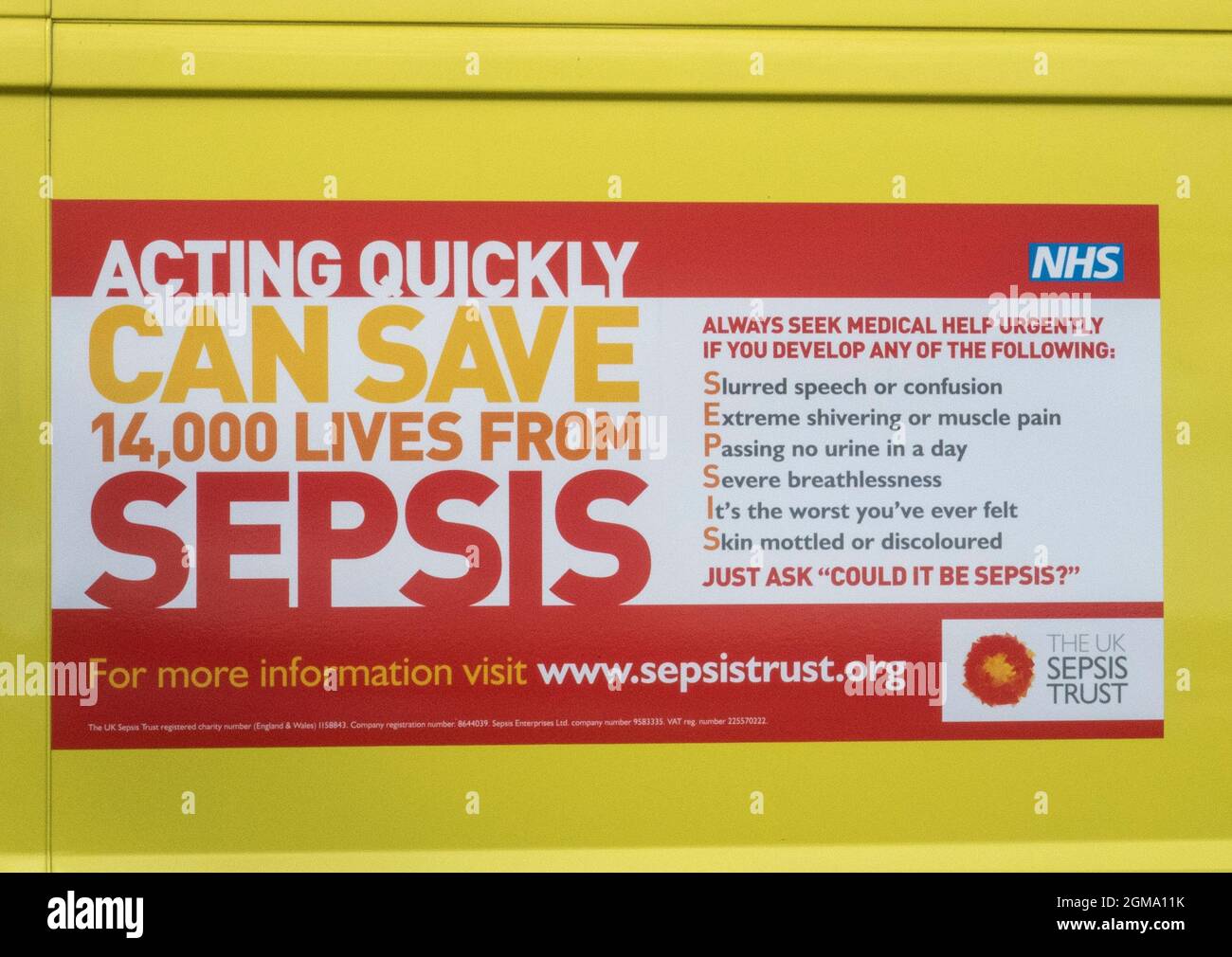 Acting quickly can save sepsis sign on an ambulance, Devon, UK Stock ...