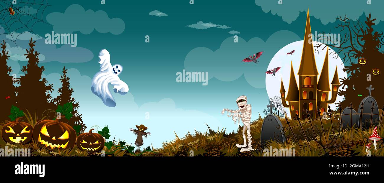 Ghost, mummy and pumpkins against the background of the forest, castle ...