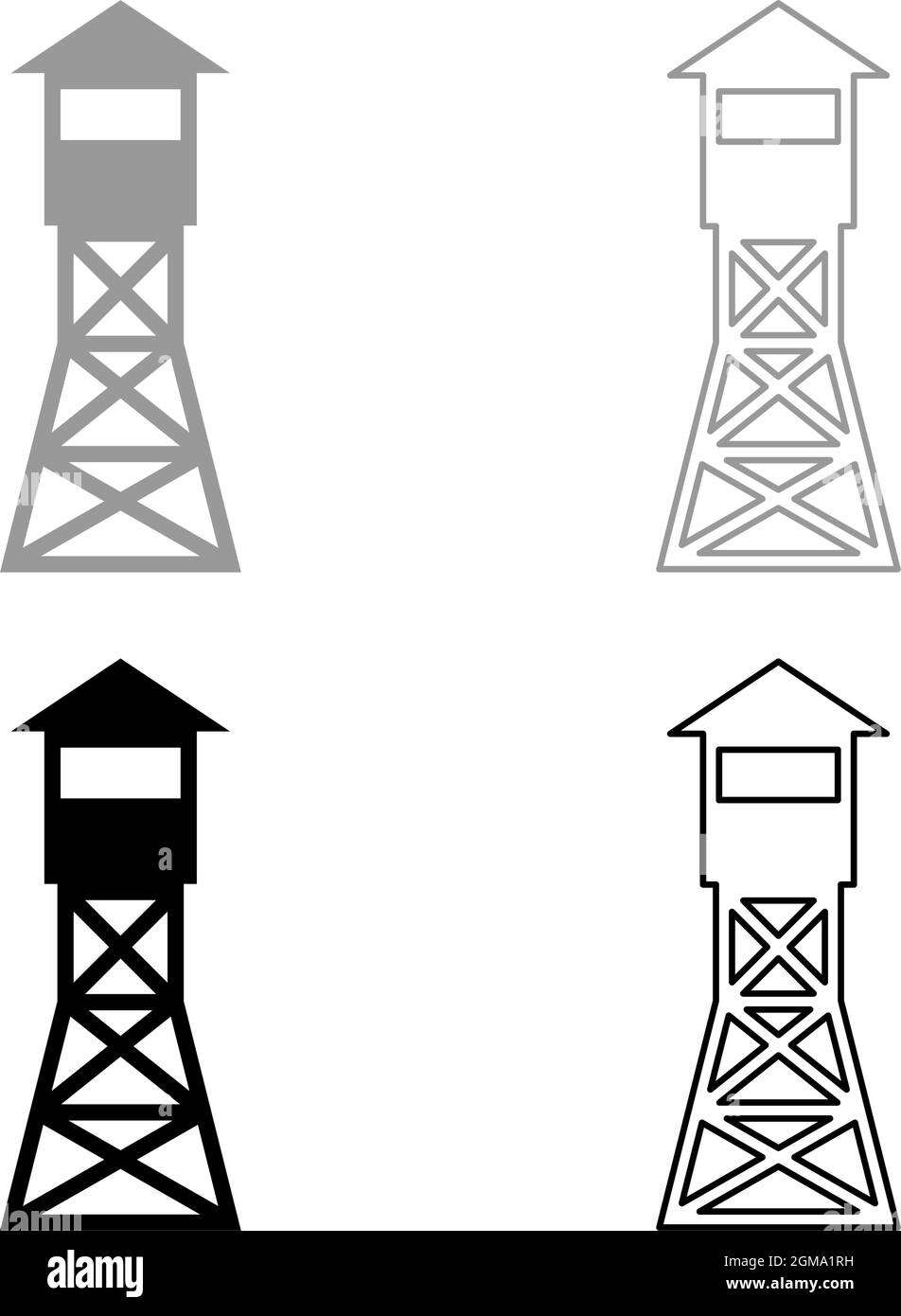 Watching tower Overview forest ranger fire site set icon grey black ...