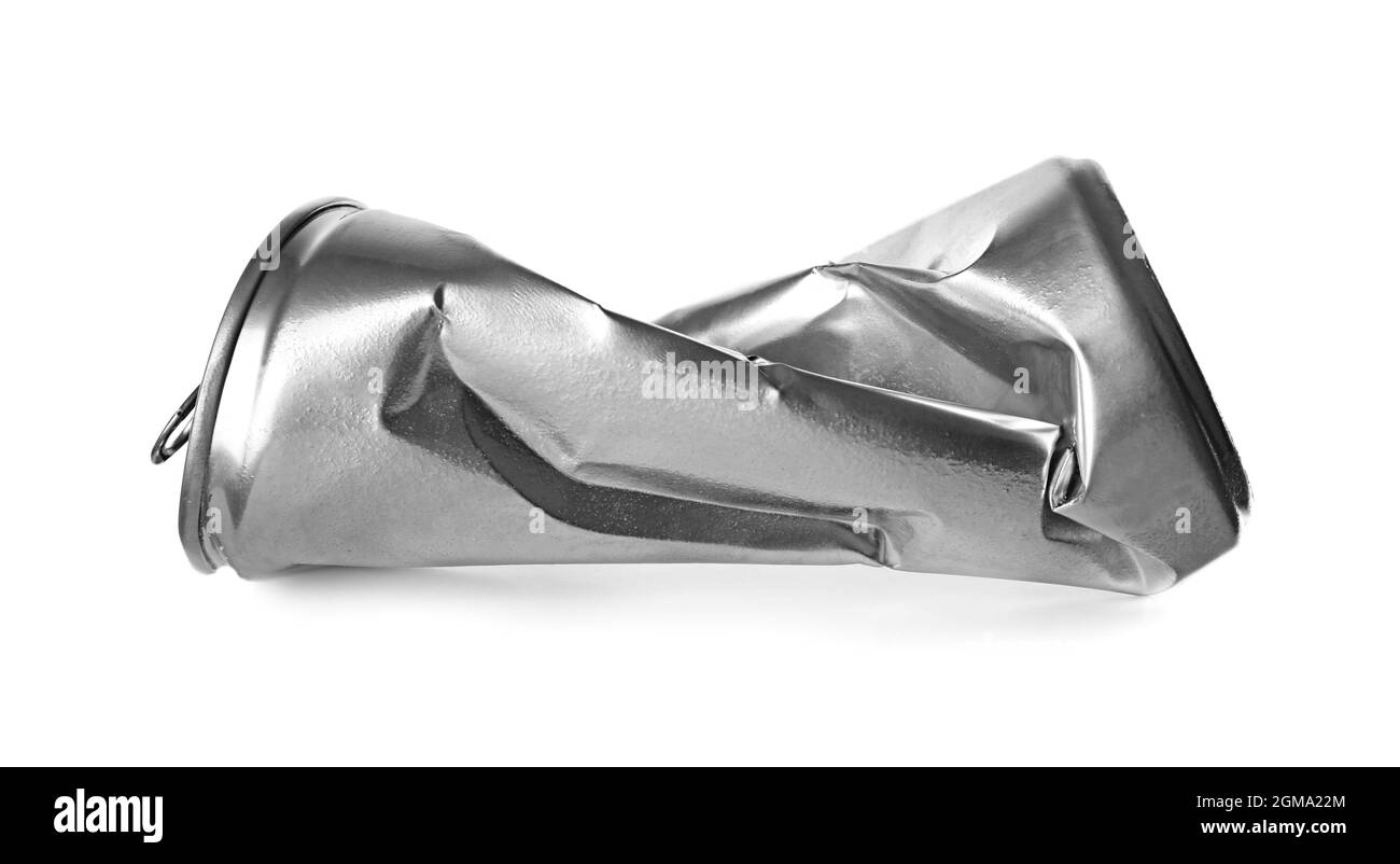 Crumpled empty can on white background Stock Photo - Alamy