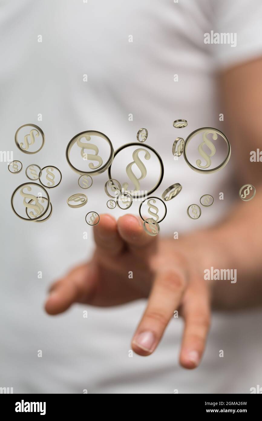 Man tapping on a 3D rendering of section sign symbols - legal ...