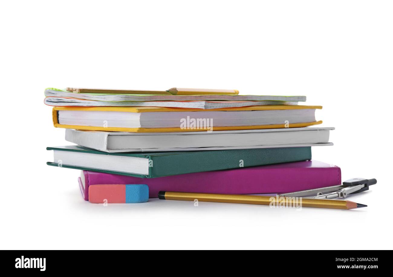 Stack of notebooks and books on white background. Doing homework Stock ...
