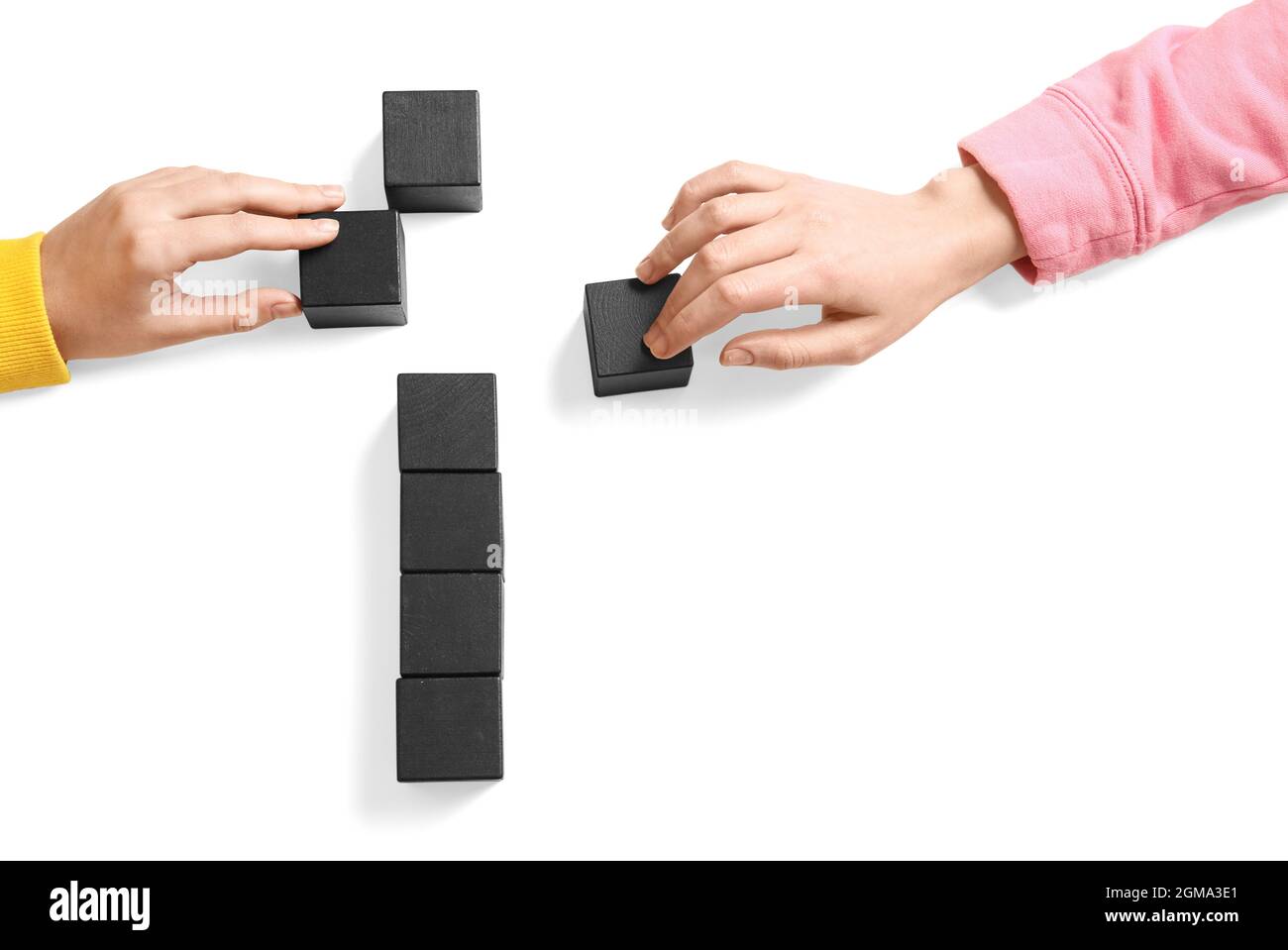 People with wooden cubes on white background. Unity concept Stock Photo ...