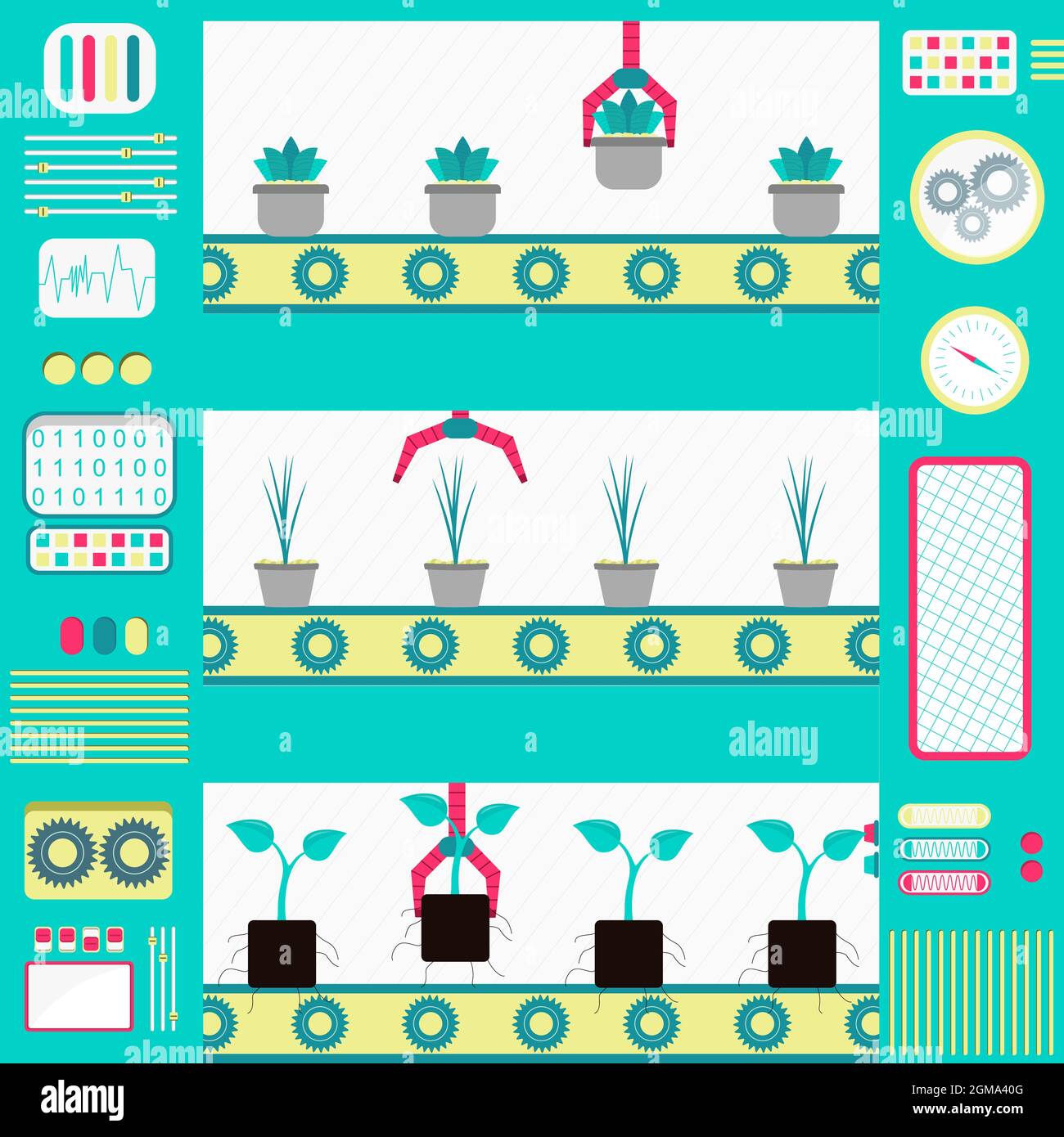 Colorful and cute factory producing seedling plants with machines ...