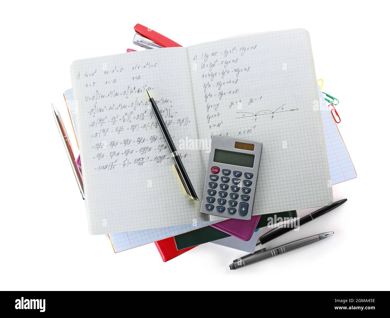 Pile of homework on white background, top view Stock Photo - Alamy