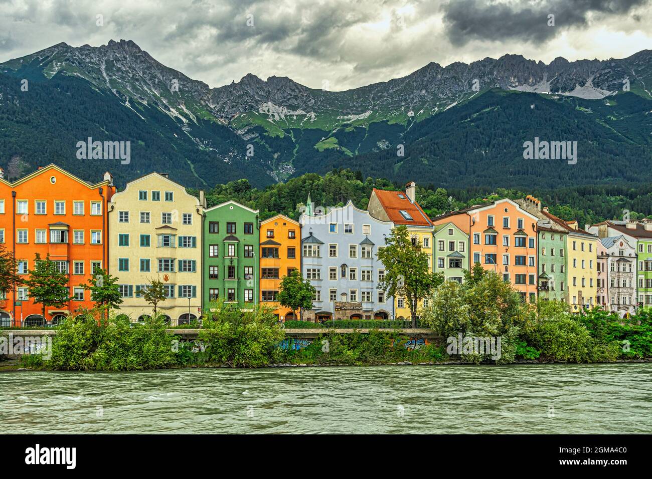 Old colorful houses overlook the INN river in Innsbruck. Innsbruck ...
