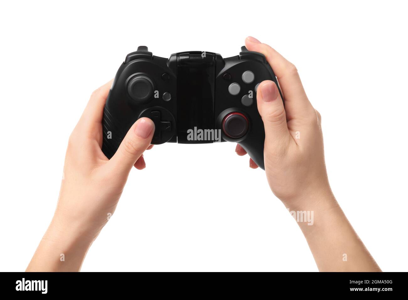 Woman holding video game controller on white background Stock Photo - Alamy