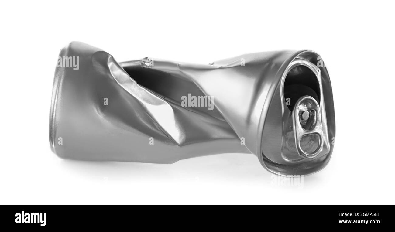Crumpled tin can on white background Stock Photo - Alamy