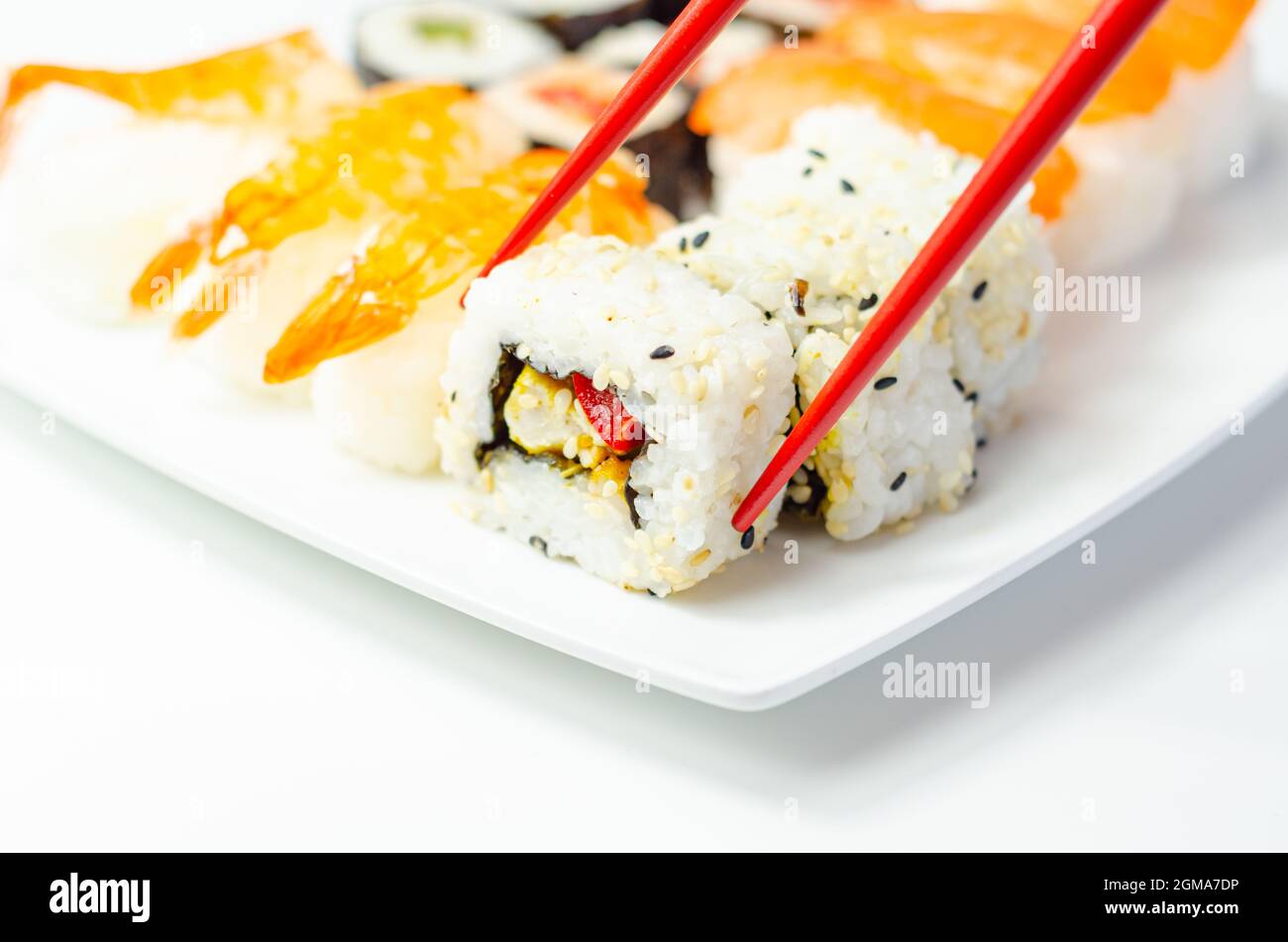 Set of smoked salmon nigiri, Ebi king prawn nigiri, katsu chicken and ...