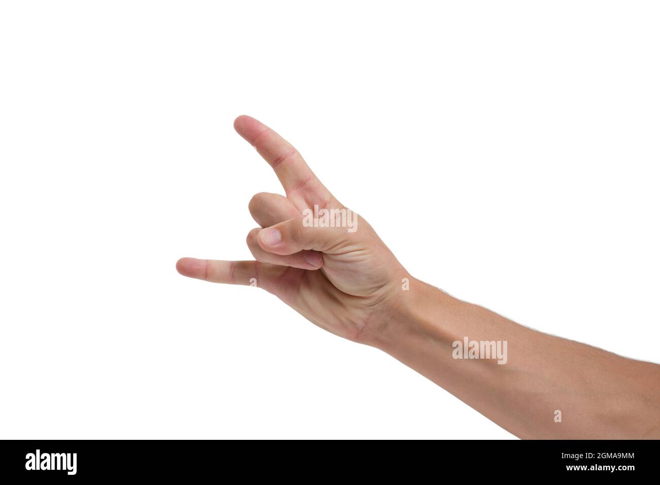 Gesture of a man hand and fingers on white background, isolate.Signs ...