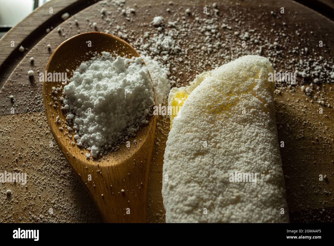 Tapioca, a typical Brazilian dish, with mozzarella filling on a ...