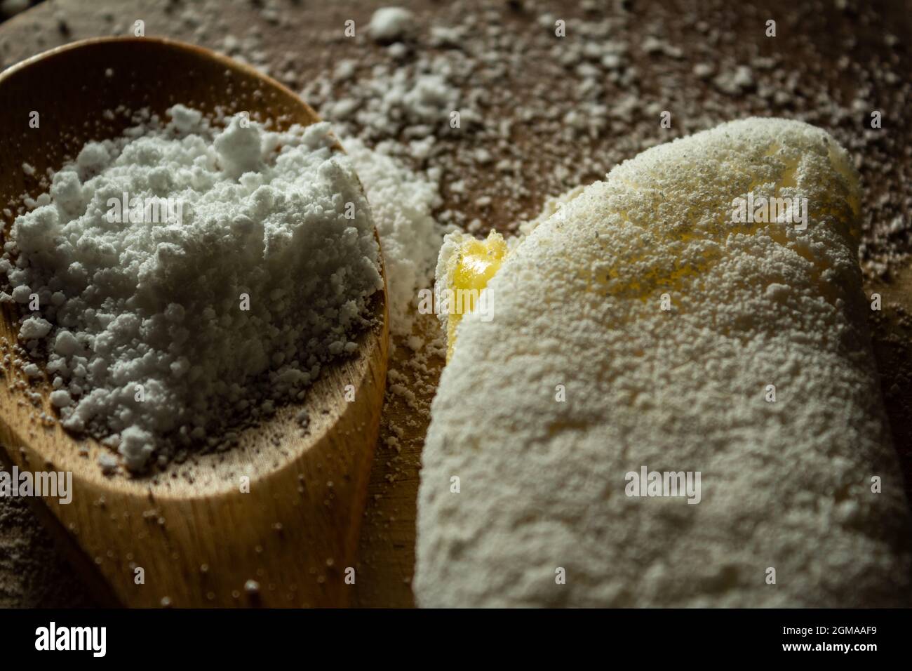 Tapioca, a typical Brazilian dish, with mozzarella filling on a ...