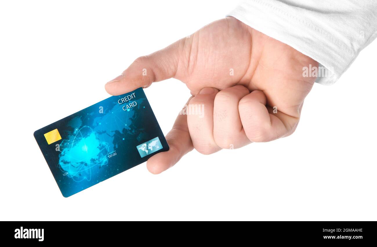 Man holding credit card on white background Stock Photo - Alamy