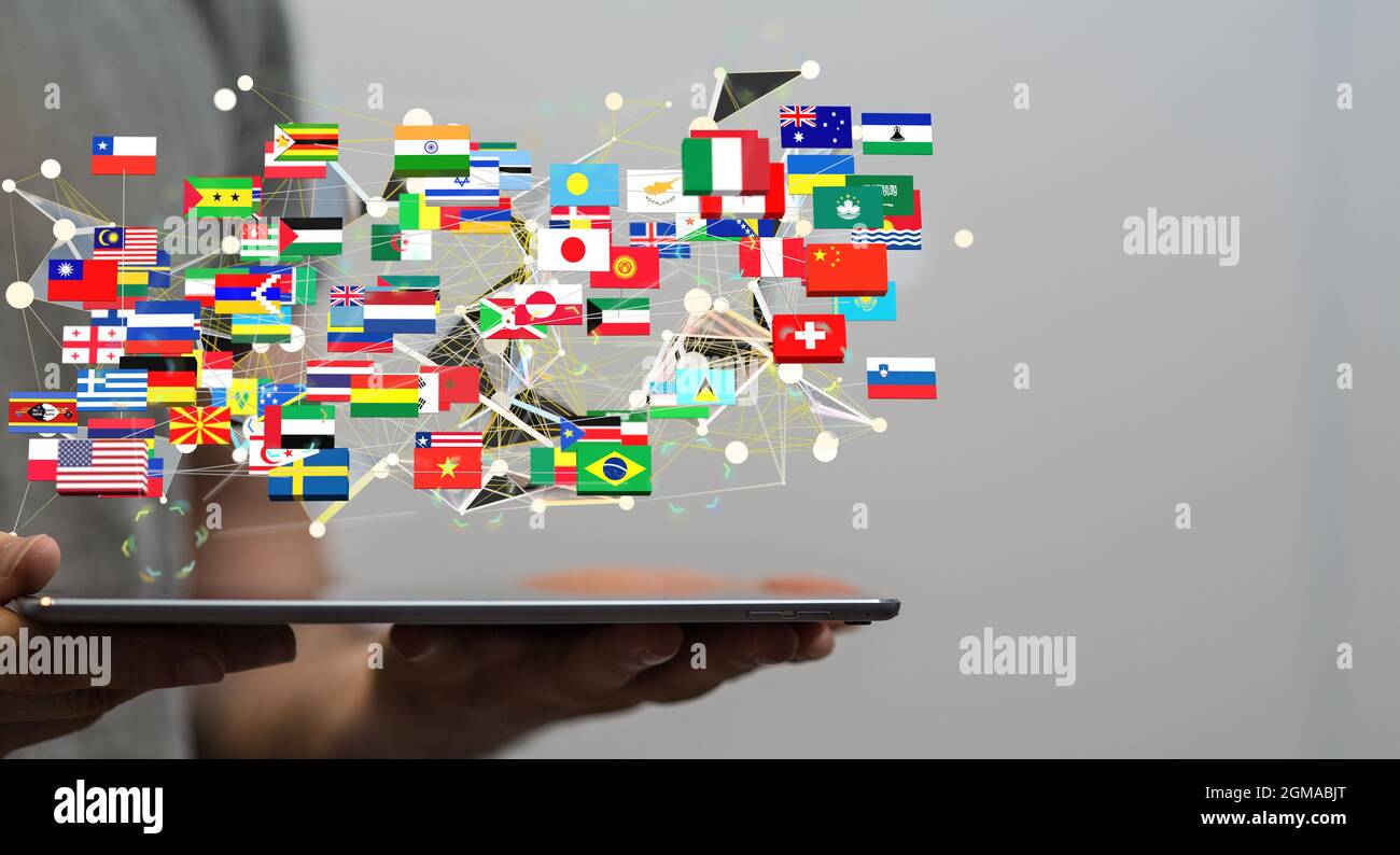 3D rendering of interconnected flags on a man's tablet - global ...