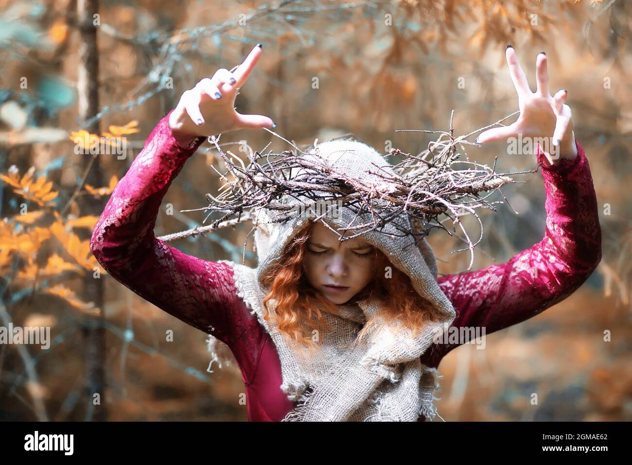 Fortune-teller conducts a ritual in the depths of the forest Stock ...