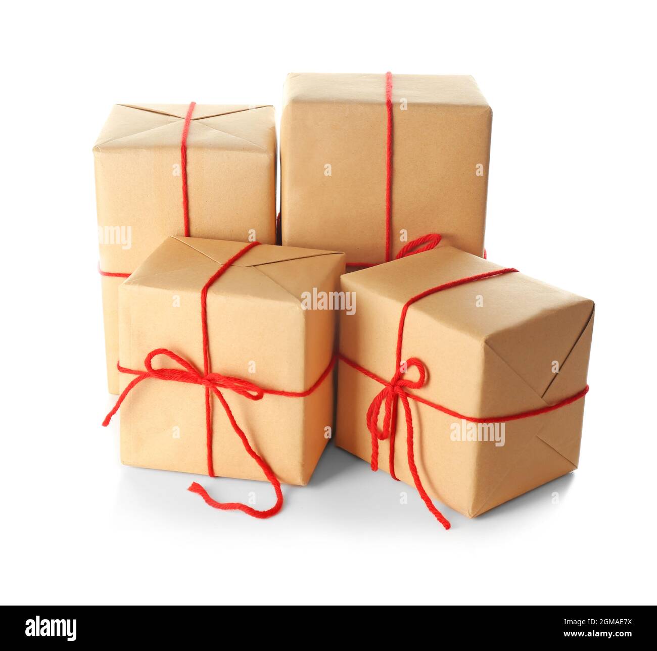 Parcel gift boxes on white background Stock Photo - Alamy