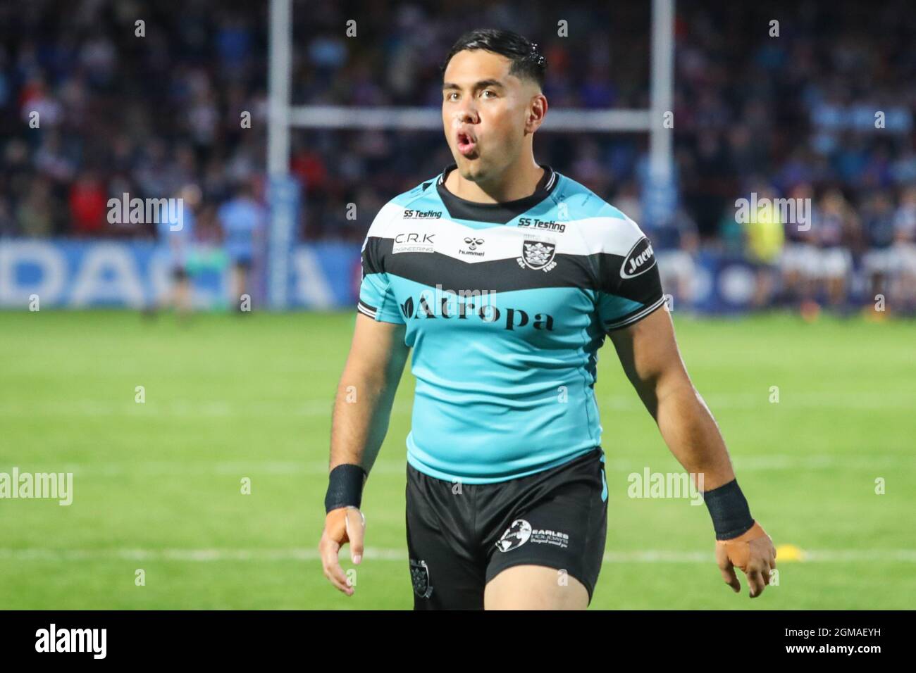 Wakefield, UK. 17th Sep, 2021. Andre Savelio (11) of Hull FC during pre ...