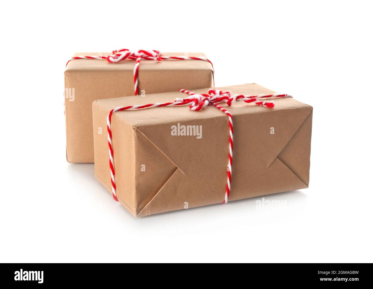 Two parcel gift boxes on white background Stock Photo - Alamy