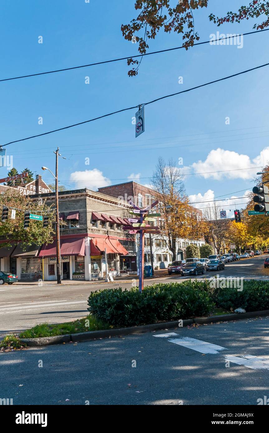 Crossroads sign at an intersection in Fremont, Washington Stock Photo ...