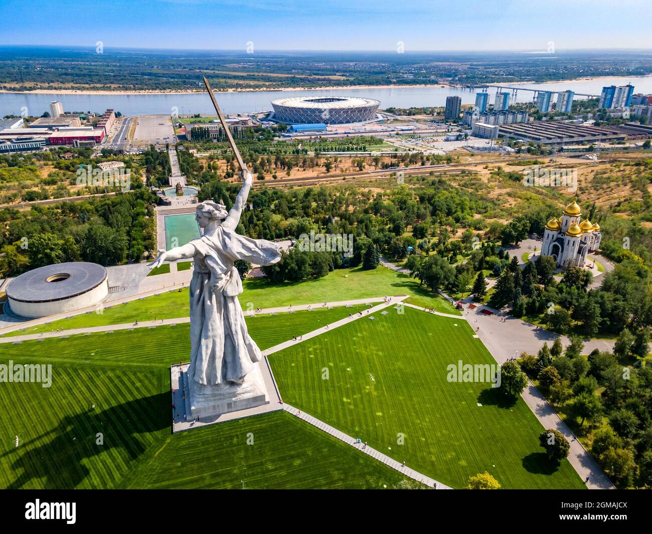 Volgograd, Russia. Aerial view of the statue "The Motherland calls ...