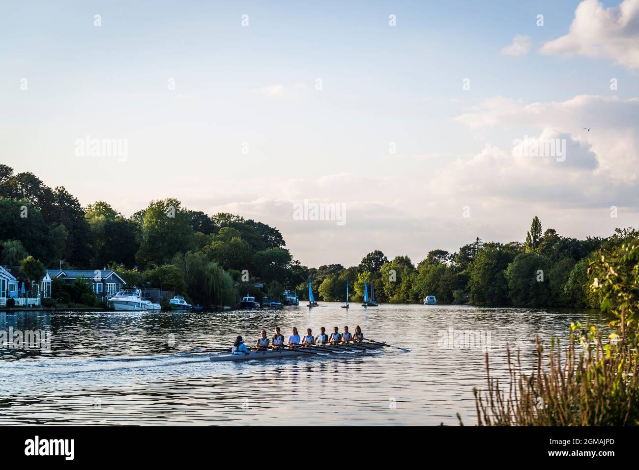 View of the Thames river and eight rowing boat, Kingston-upon-Thames ...