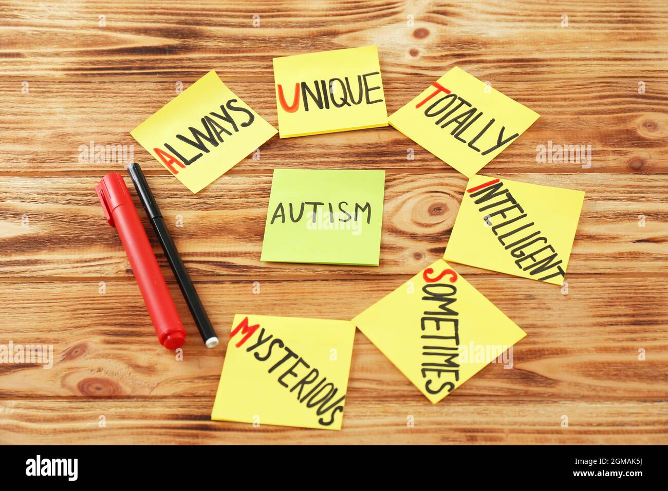 Stickers with abbreviation expansion for word "Autism" on wooden ...