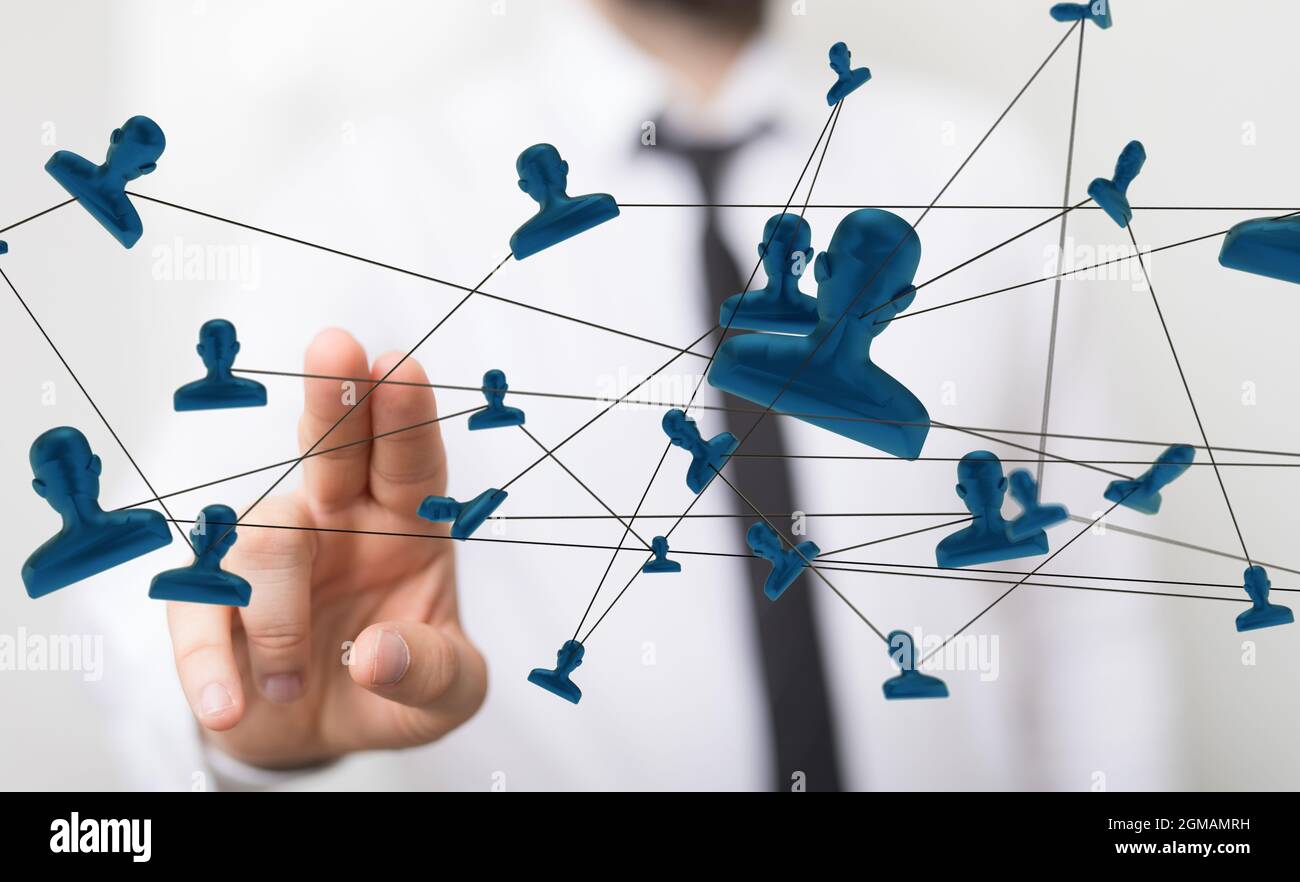 Businessman tapping on 3D rendered people - global networking and ...