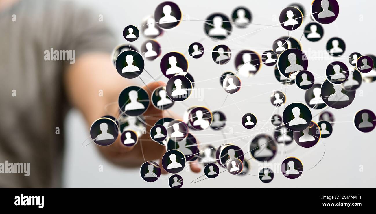 Businessman tapping on 3D rendered people - global networking and ...