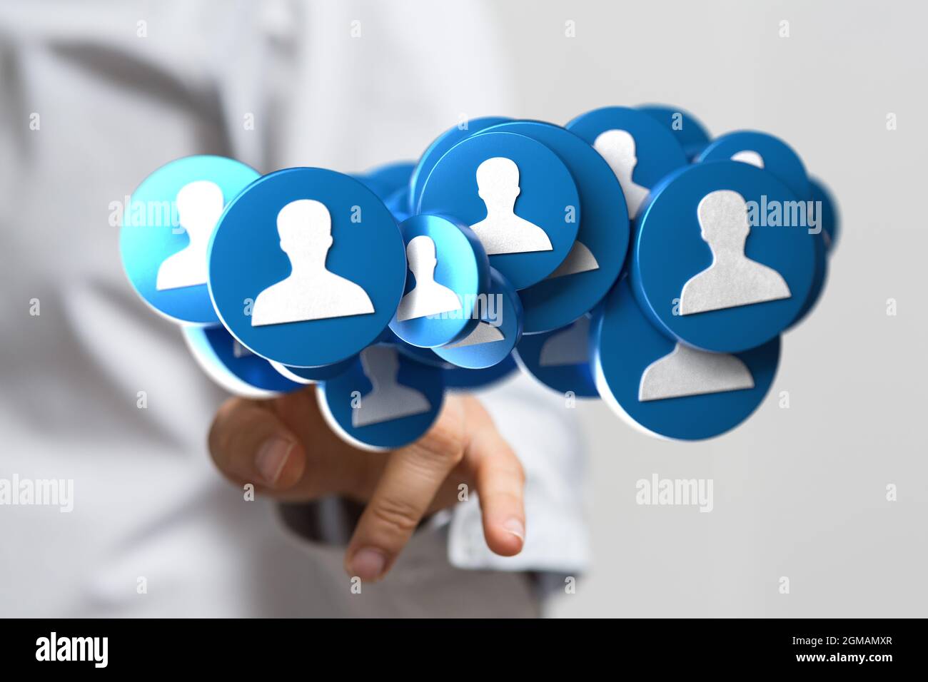 Businessman tapping on 3D rendered people chips- global networking and ...