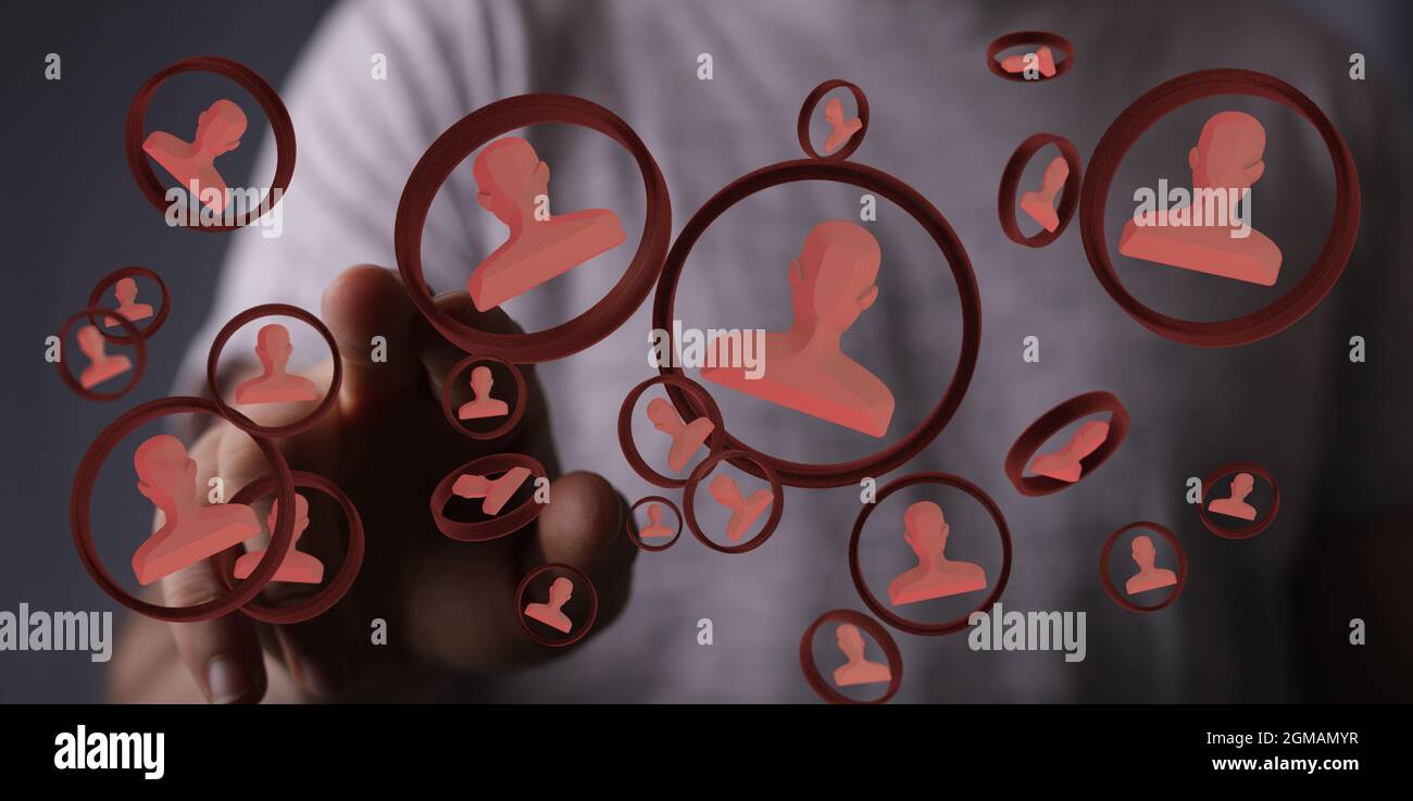 Businessman tapping on 3D rendered people - global networking and ...