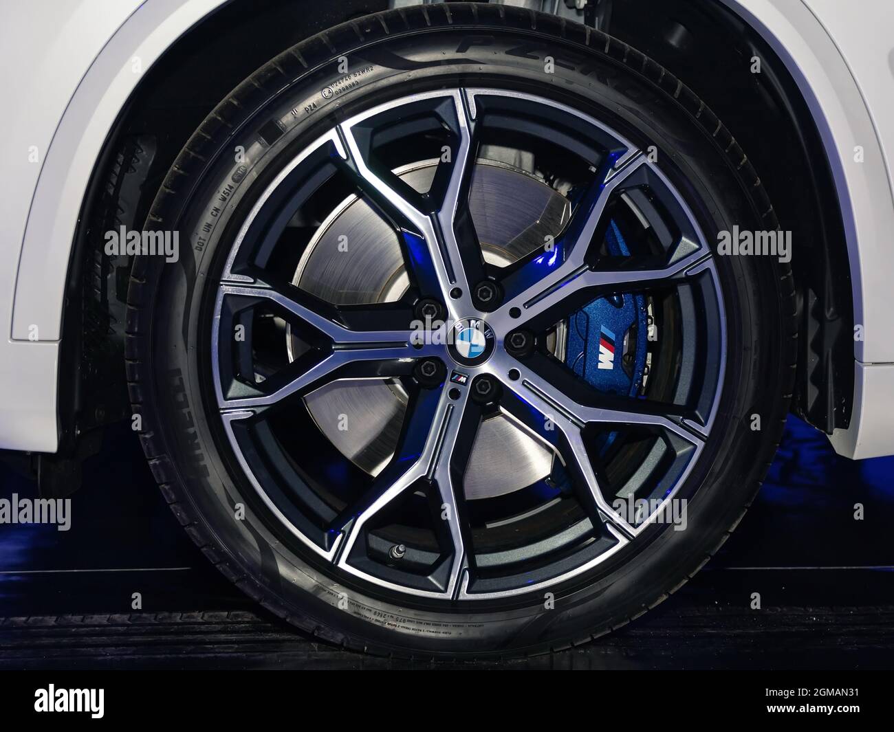 A wheel of the new BMW X5 is seen during the exhibition. At the end of ...