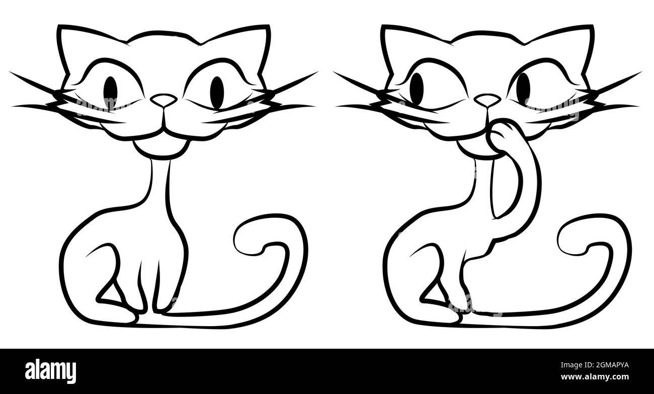 Skinny cat amused cartoon line drawing, vector, horizontal, black and ...
