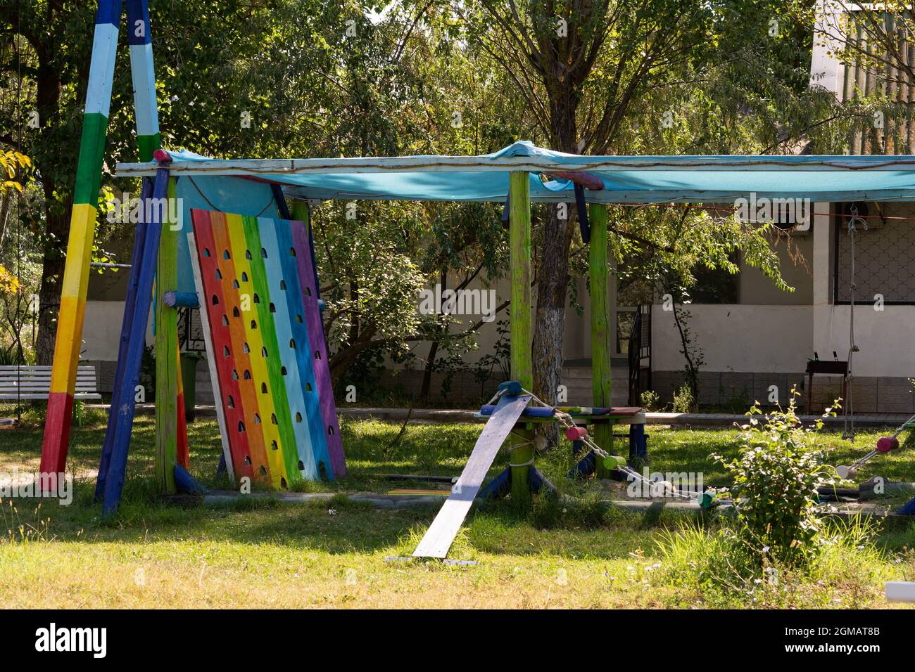 Wooden children's play complex Stock Photo - Alamy