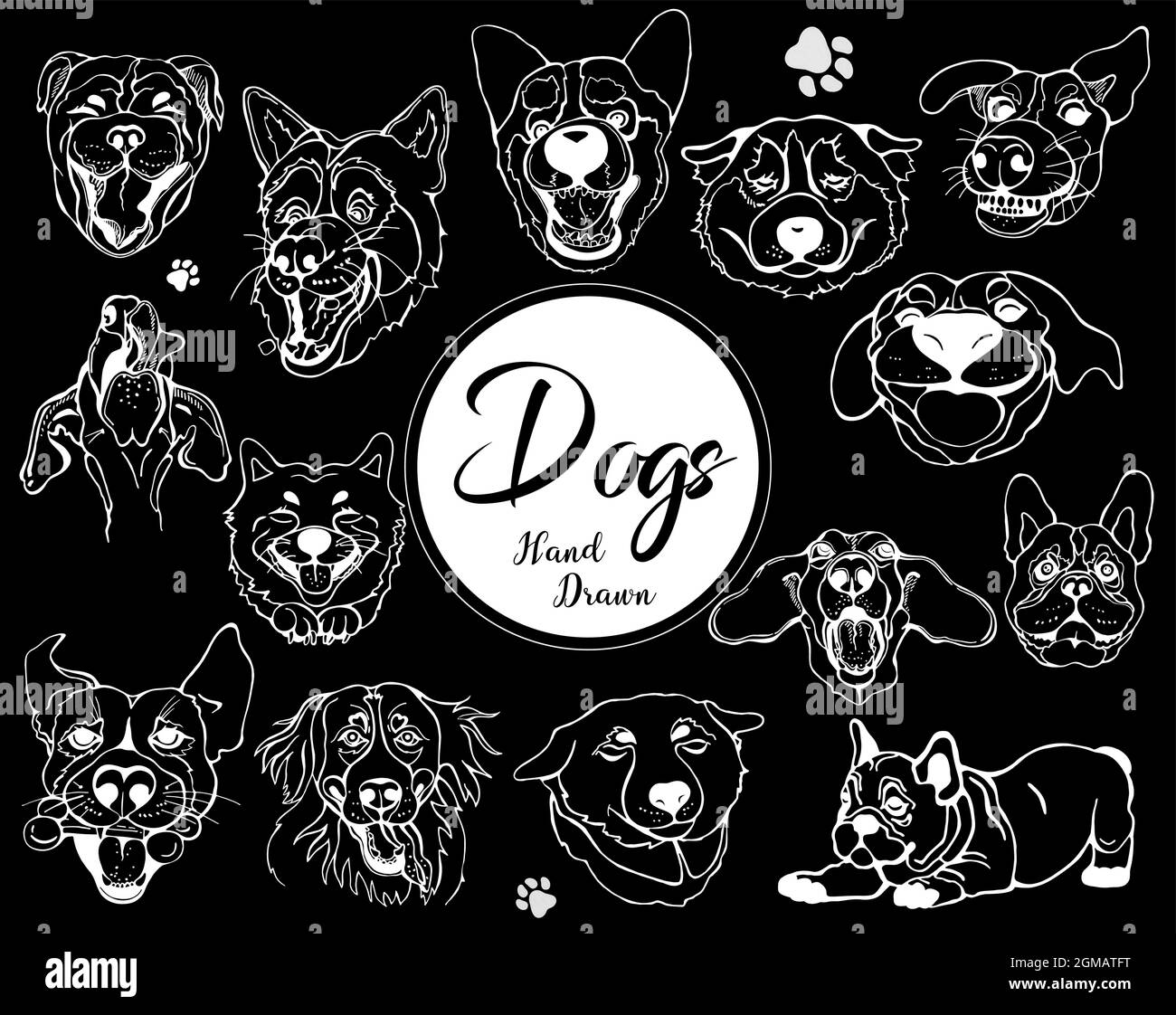 Set of hand drawn sketch style dog faces isolated on black background ...