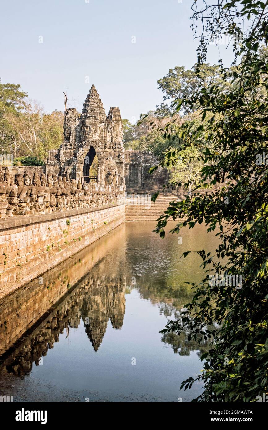 ancient sculptures on south gate bridge at Angkor Wat in Cambodia Stock ...