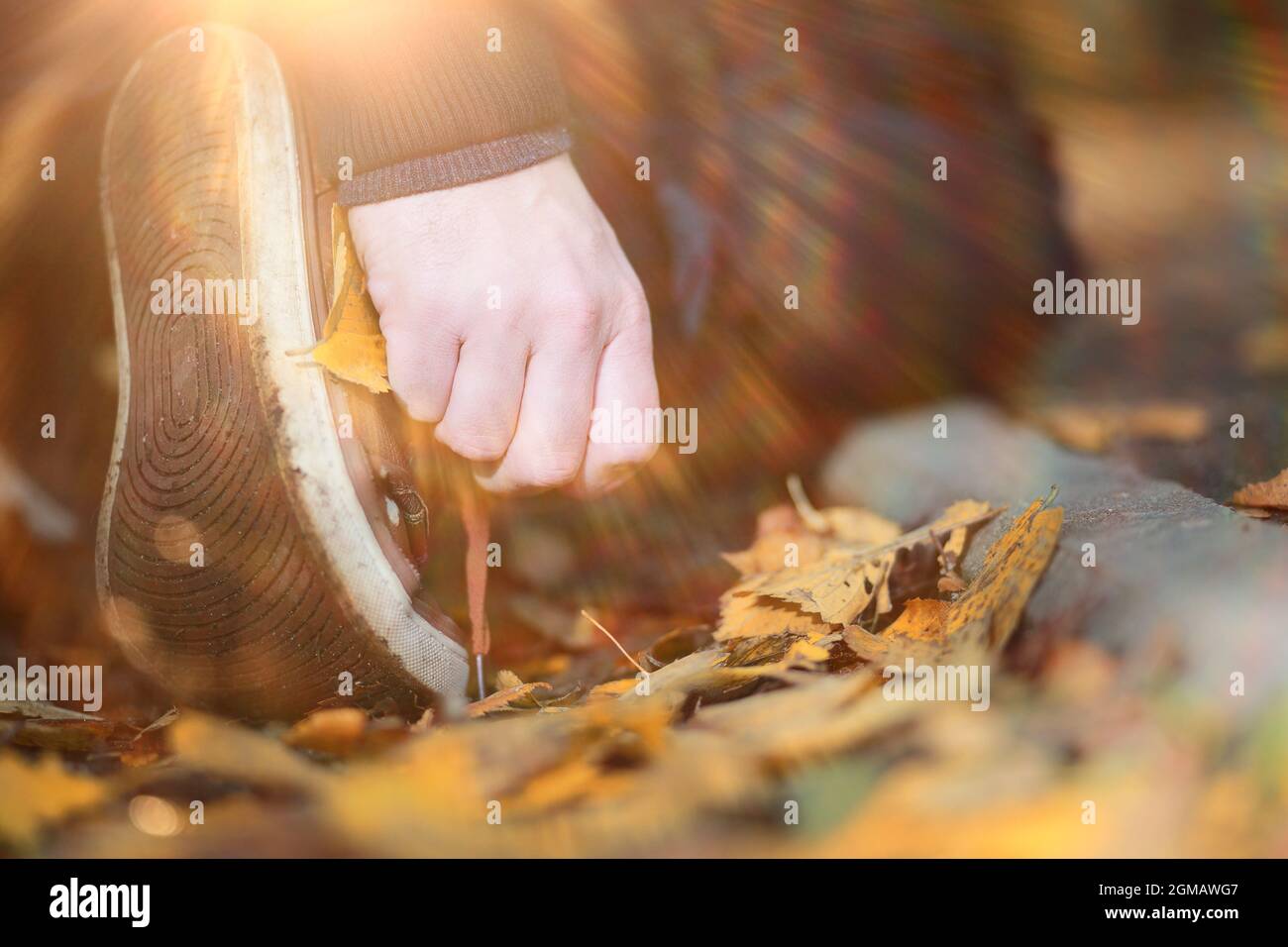 Autumn Park man walking along a path foliage Stock Photo - Alamy