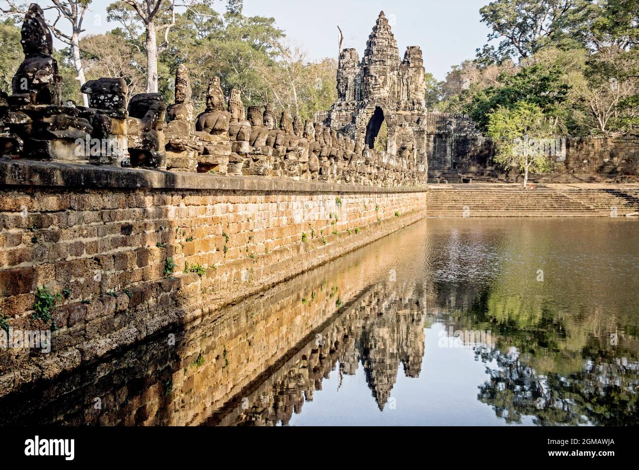 ancient sculptures on south gate bridge at Angkor Wat in Cambodia Stock ...