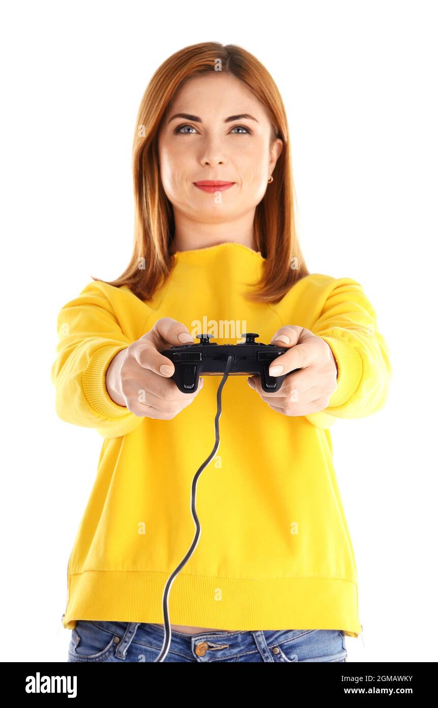 Woman with video game controller on white background Stock Photo - Alamy