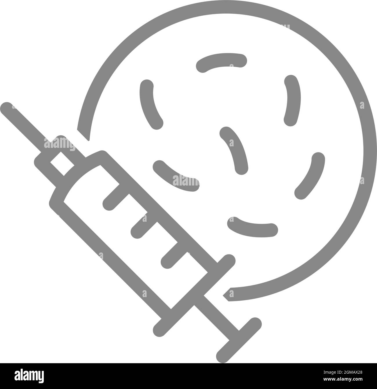 Medical syringe and petri dish with bacteria line icon. Vaccination ...