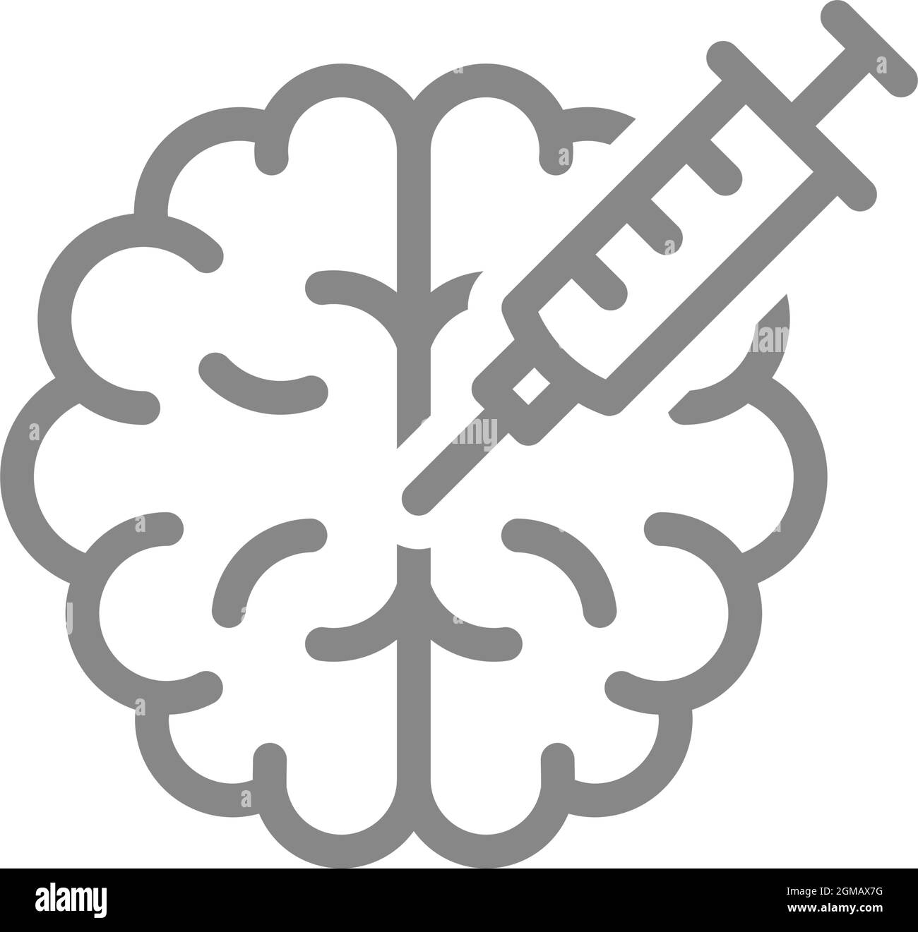 Medical syringe and brain line icon. Vaccination, injection into the ...