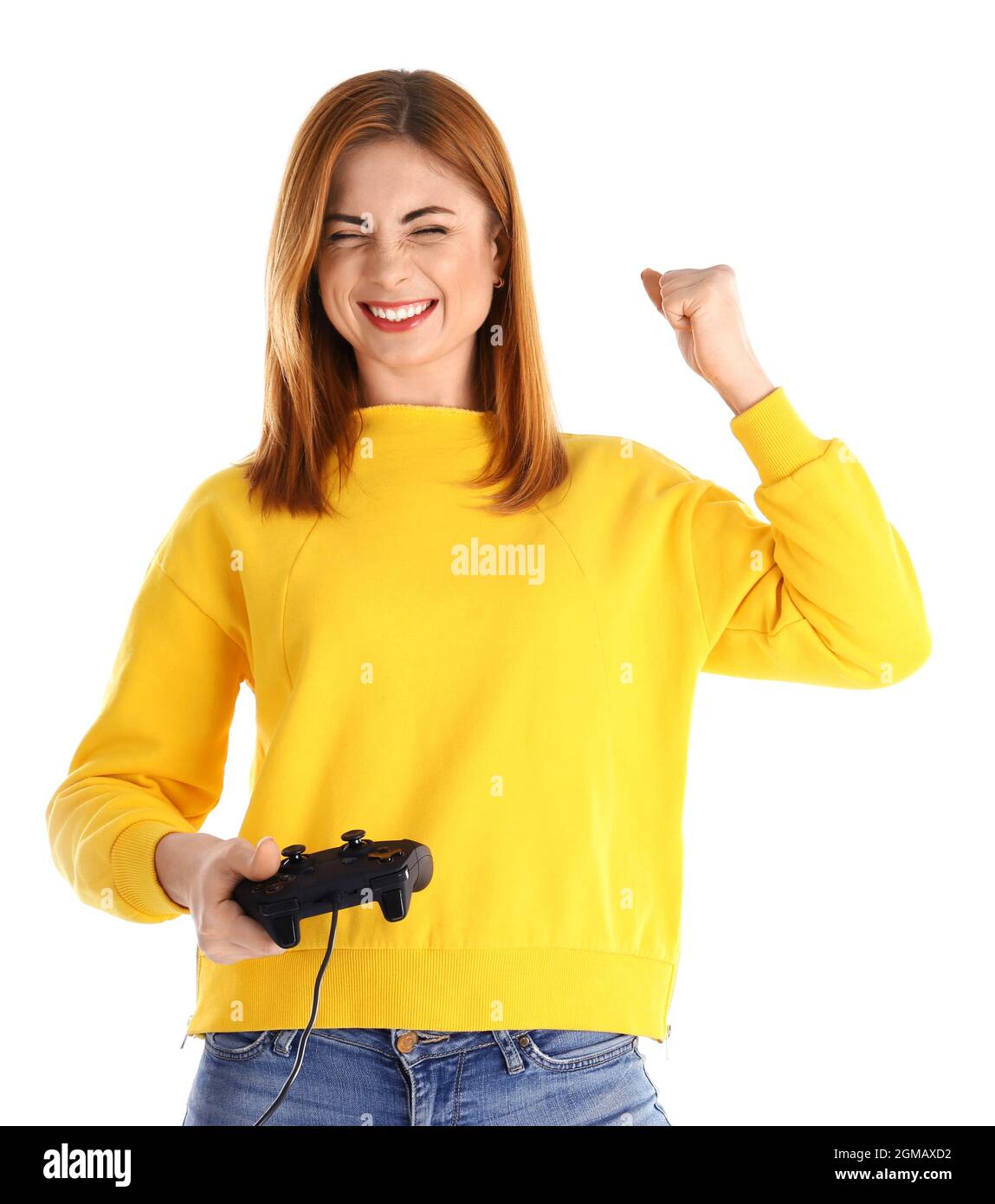 Happy woman with video game controller on white background Stock Photo ...