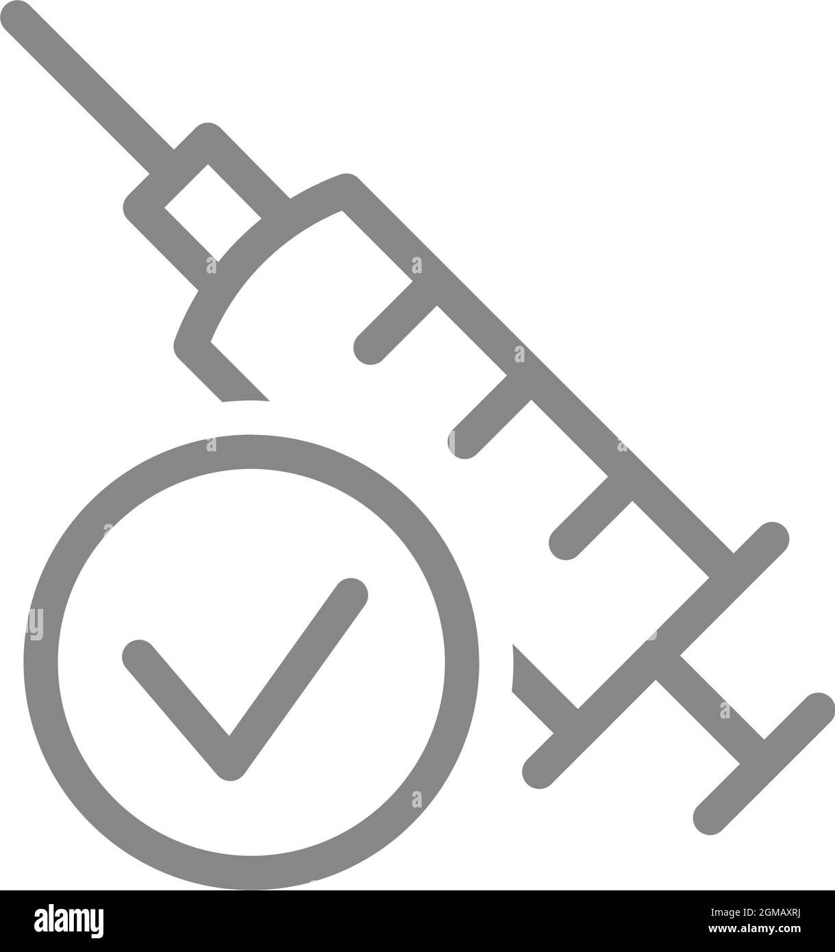 Medical syringe and check mark line icon. New sterile syringe ...