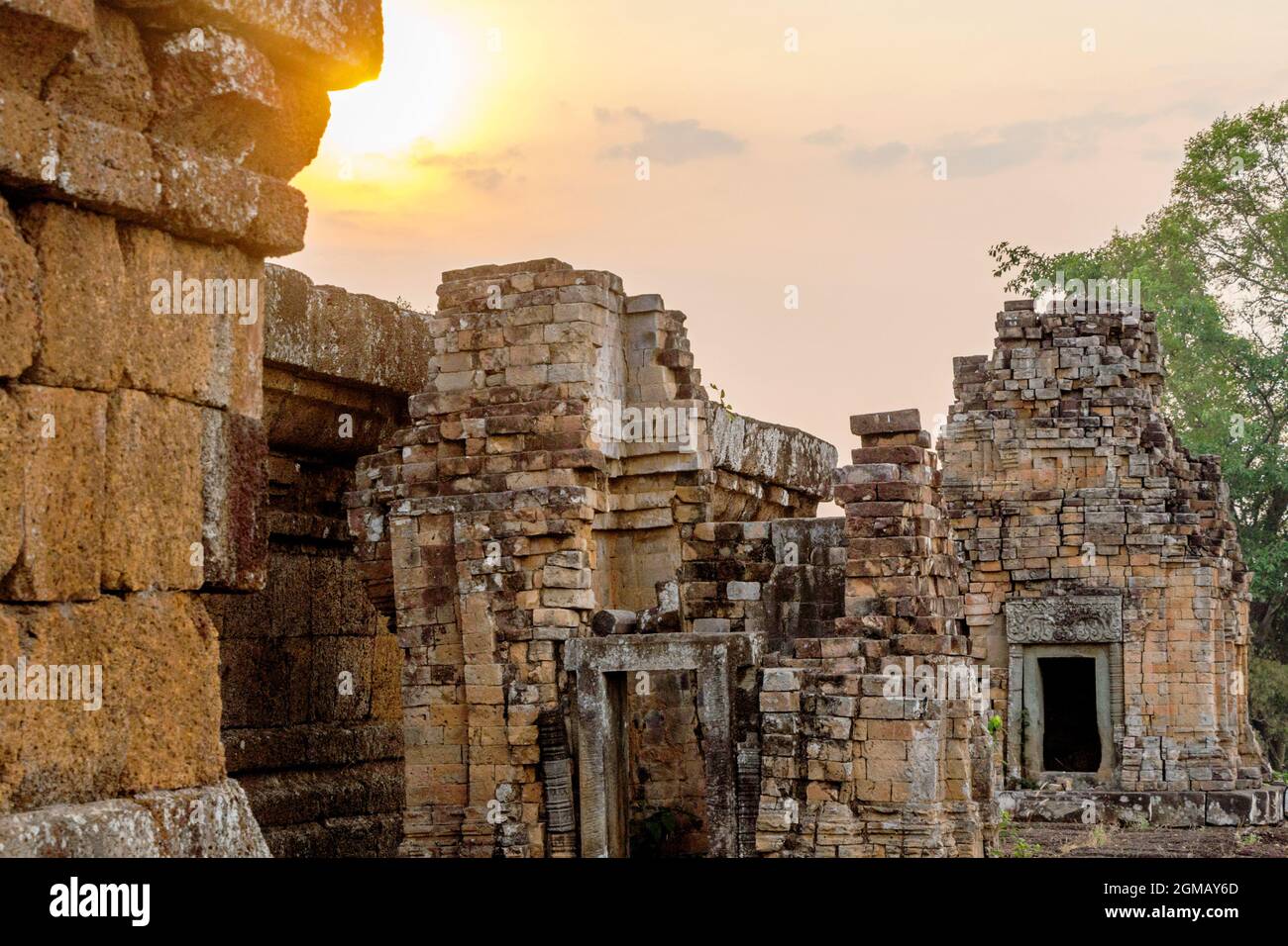 old ruins of East Baray temple with golden sunset in Angkor city ...