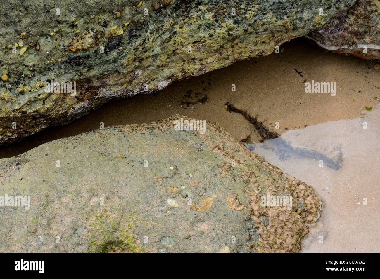 Sand water and stones of Arembepe beach on a sunny day. Camaçari, Bahia ...