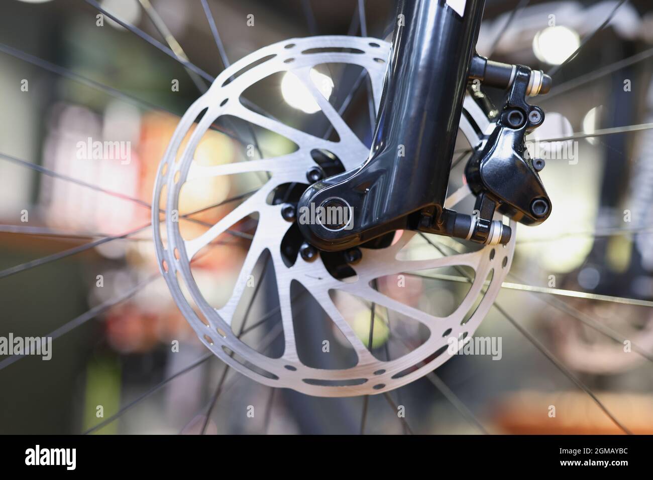 Mountain bike front wheel with mechanical disc brake closeup Stock ...